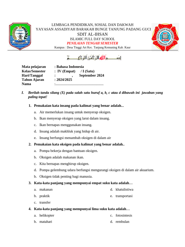 Soal PTS Bahasa Indonesia Kelas 4 | PDF