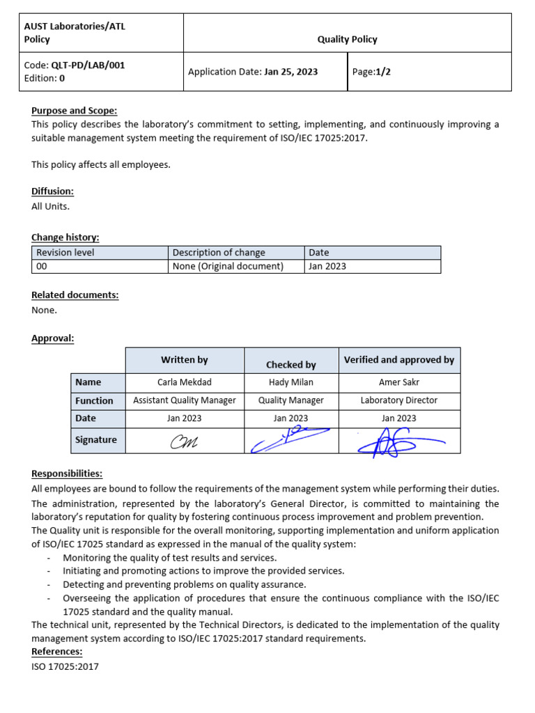 QLT-PD-LAB-001 Quality Policy Ap | PDF | Quality Management | Quality ...