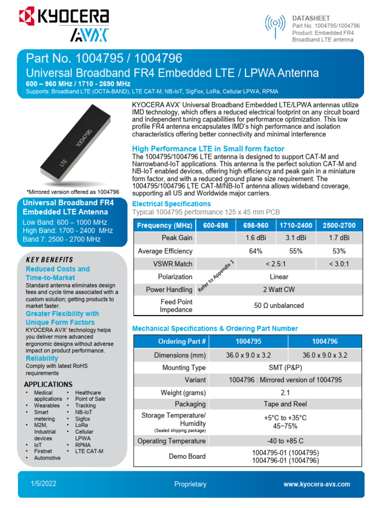 AVX Ethertronics 100479x Datasheet | PDF | Antenna (Radio) | Lte (Telecommunication)