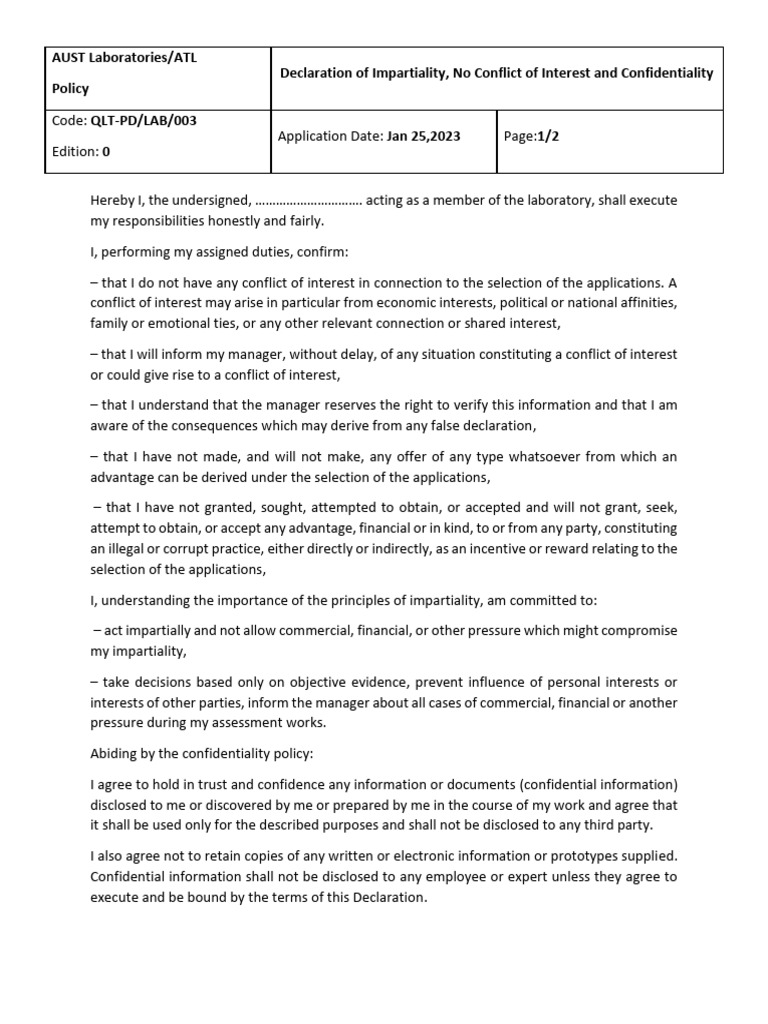 QLT-PD-LAB-003 Declaration of Impartiality No Conflict of Interest and ...