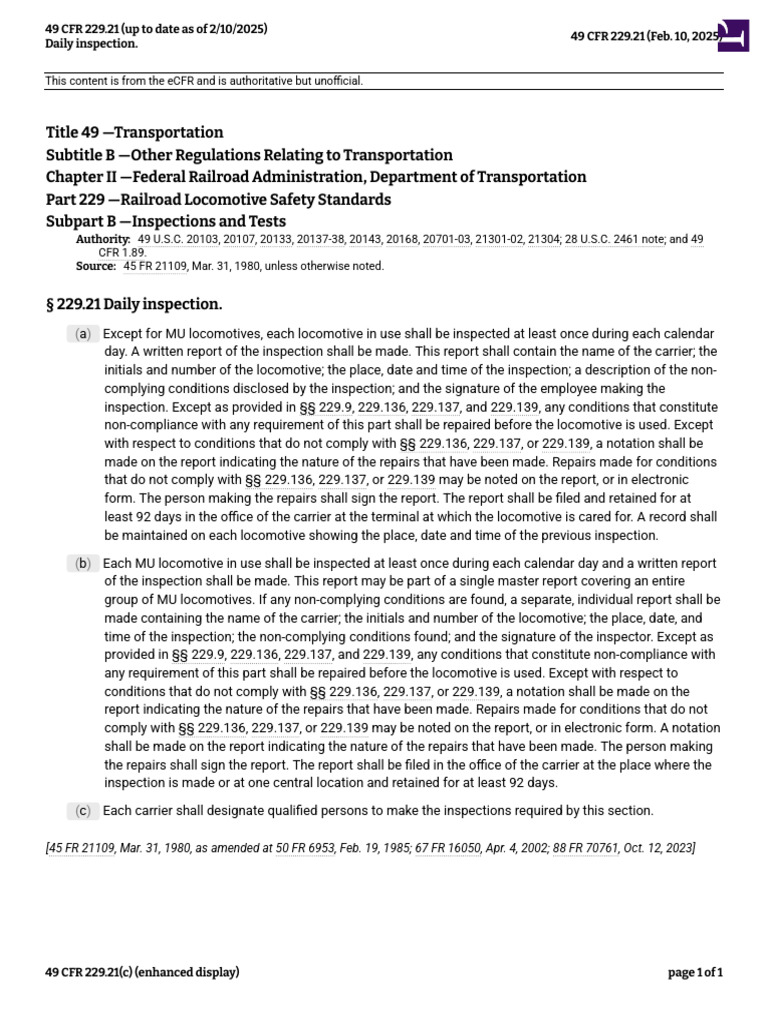 49 CFR 229.21 (Up To Date As of 2-10-2025) | PDF | Code Of Federal ...