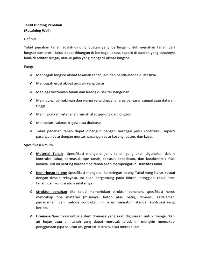 Desain dan Jenis Talud Penahan Tanah | PDF