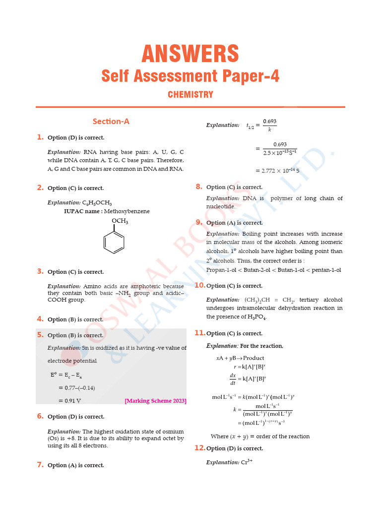 Chemistry Self Assessment Paper-4 | PDF | Base Pair | Dna