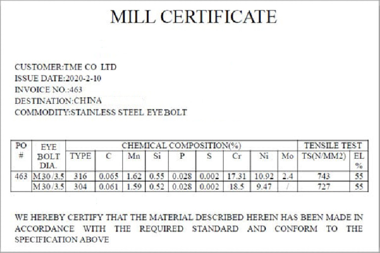 Tong Ming Eye Bolt Mill Certificate | PDF