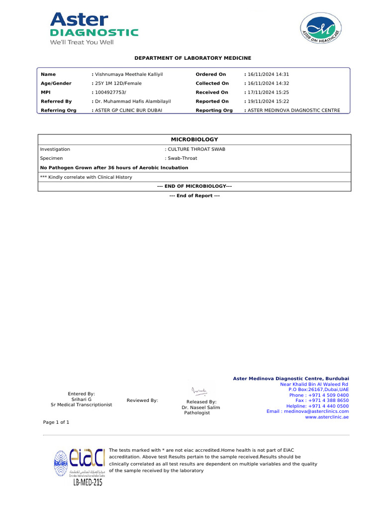 Throat Swab Culture Results: No Pathogen | PDF | Pathology | Health ...
