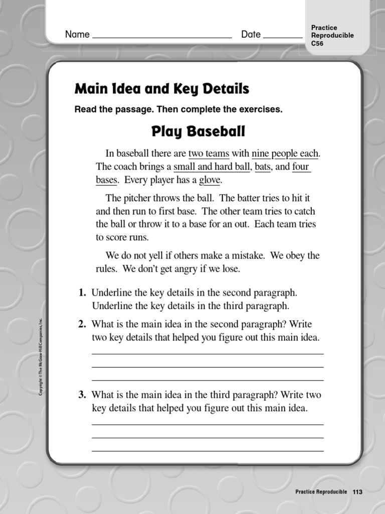 Main Idea and Key Details 2 | PDF | Pitcher | Sports