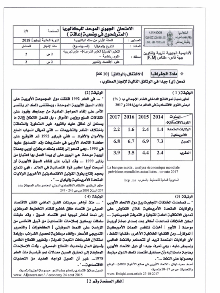 Examens 1bac Fes Meknes Geo 2018 | PDF
