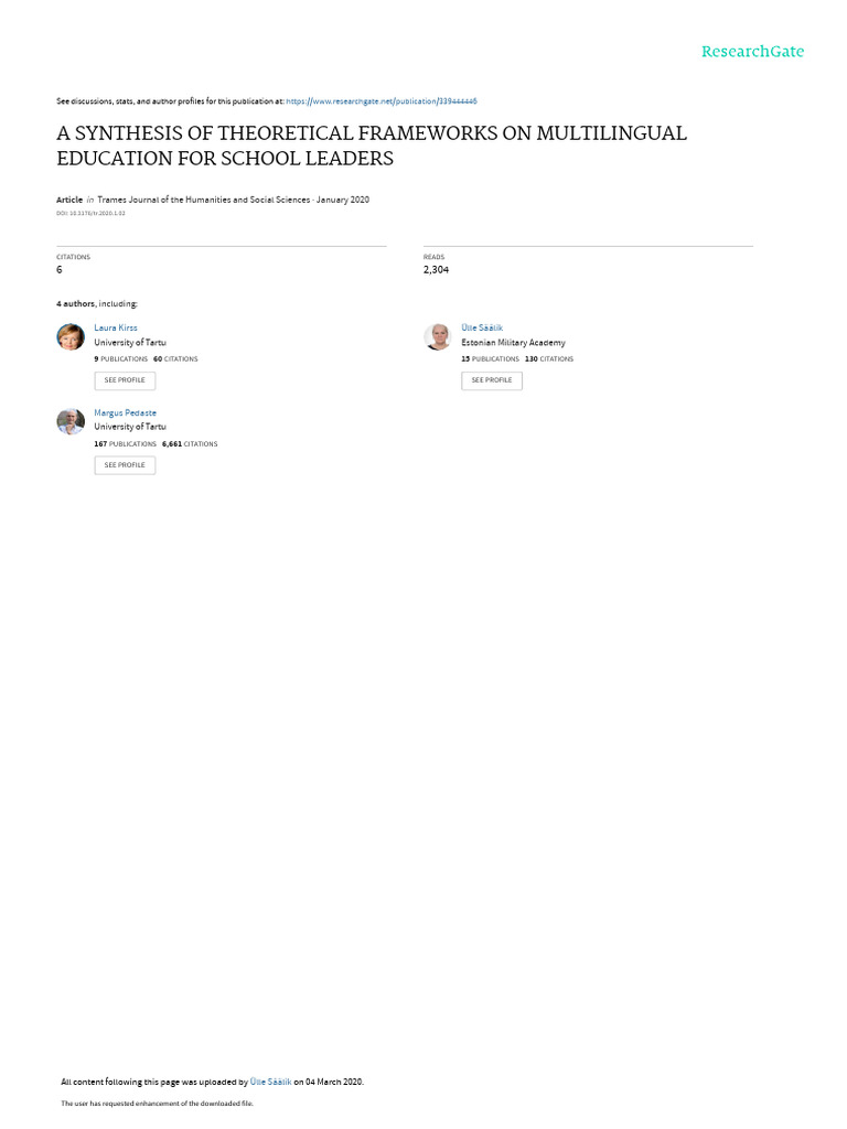 A Synthesis of Theoretical Frameworks On Multiling | PDF | Multilingualism | Human Migration