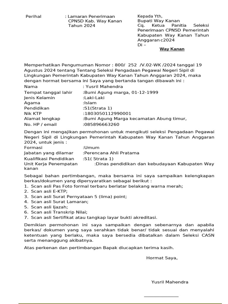 CPNS Surat Lamaran 2024 Kabupaten Way Kanan | PDF