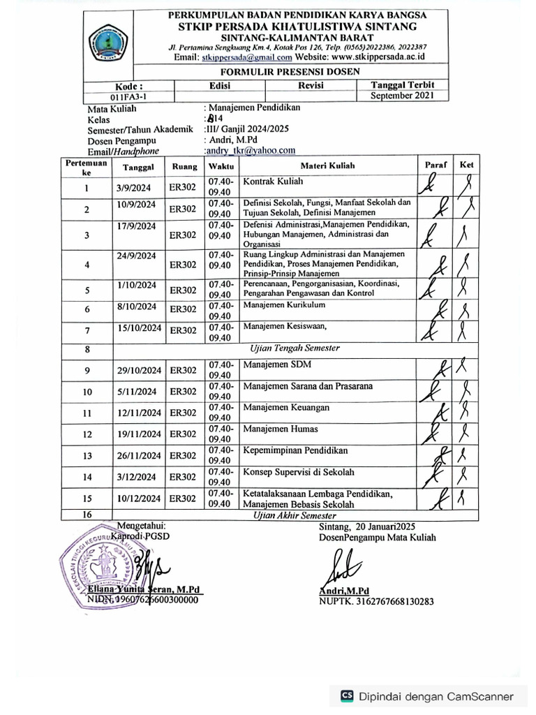 Presensi Dosen_Manajemen Pendidikan_B14 | PDF
