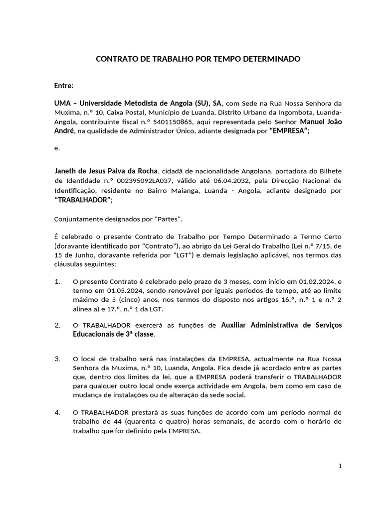 Janeth de Jesus - Contrato Trabalho de Trabalho Por Tempo Determinado | PDF | Férias ...