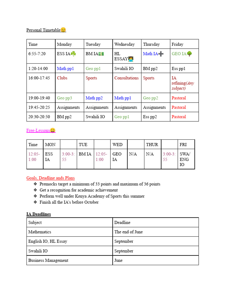 Personal Timetable | PDF