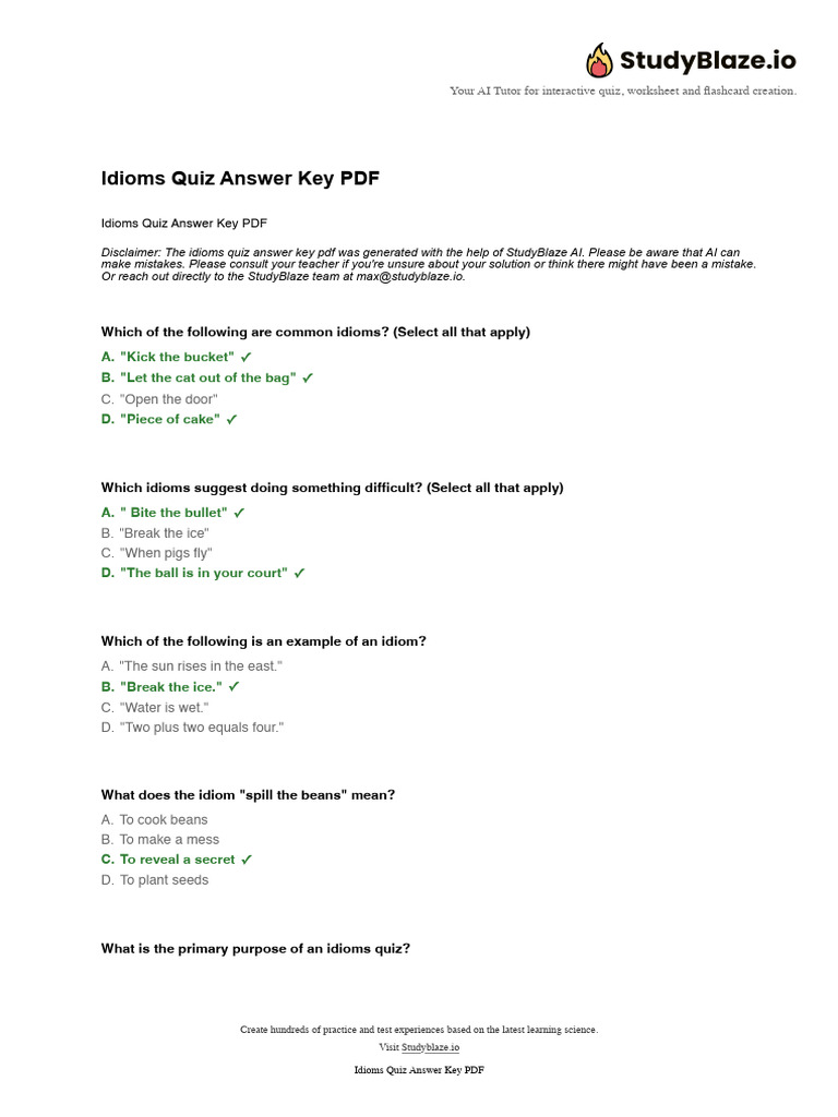 Idioms Quiz Answer Key Guide | PDF | Idiom | Learning