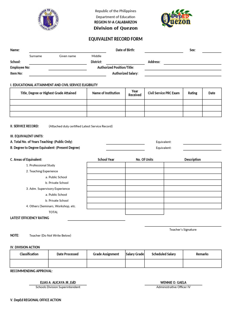 Equivalent Record Form for Teachers | PDF | Teachers | Government