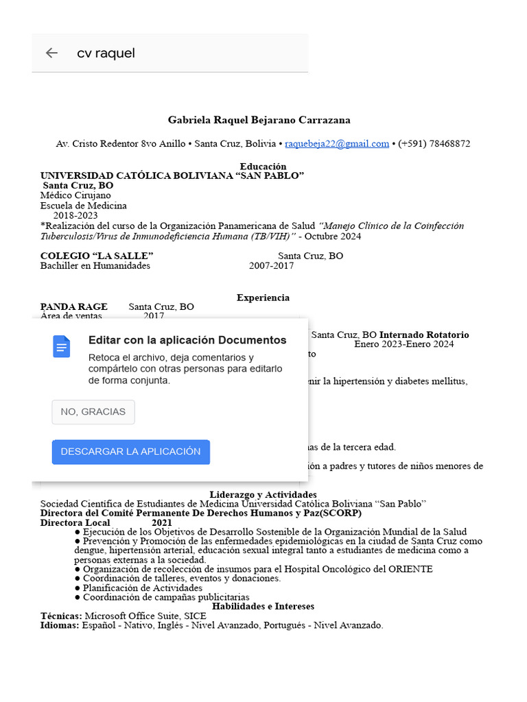 CV Gabriela Raquel Bejarano Carrazana | PDF | Medicina | Hospital