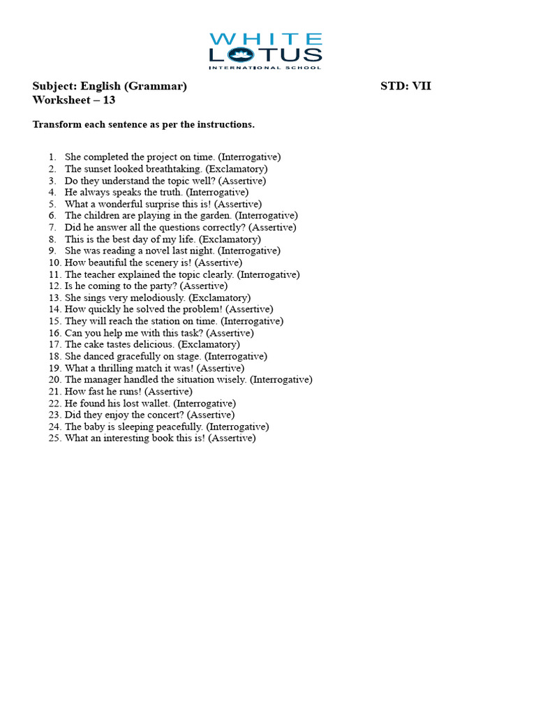12 Class 7 English GR Worksheet 13 | PDF