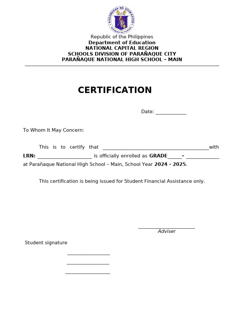 Parañaque National High School Enrollment Certification | PDF