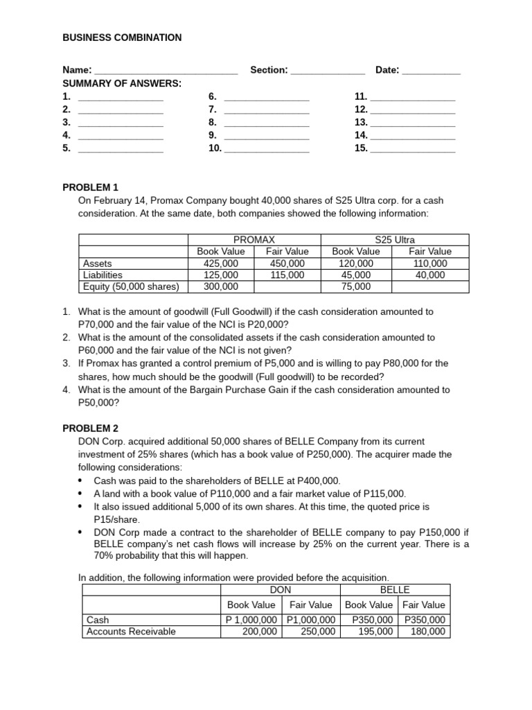 Quiz Buscom Date of Acquisition | PDF | Goodwill (Accounting) | Book Value