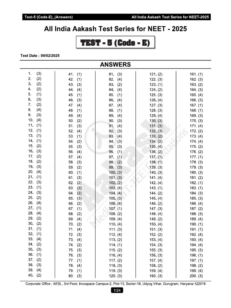 AIATS-2025 (RM) - Test-05 Code-E - (09-02-2025) - Answer-Key | PDF