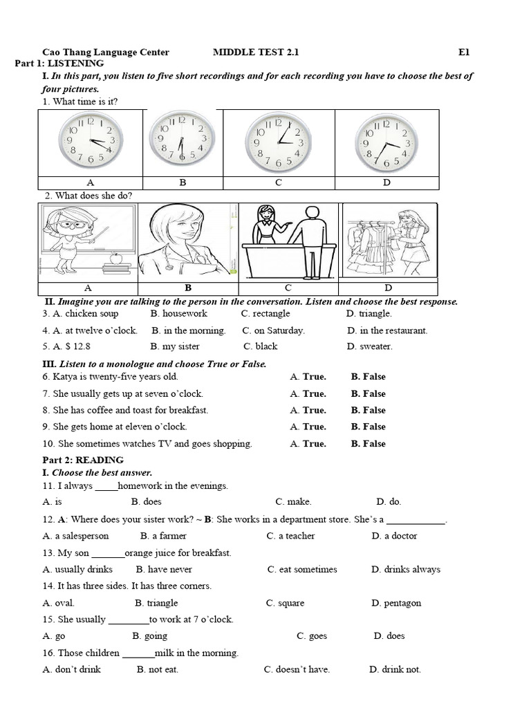 Cao Thang Language Center E1 Test | PDF | Meal | Dinner
