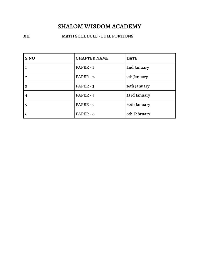 XII Math Schedule Jan-Feb 2023 | PDF