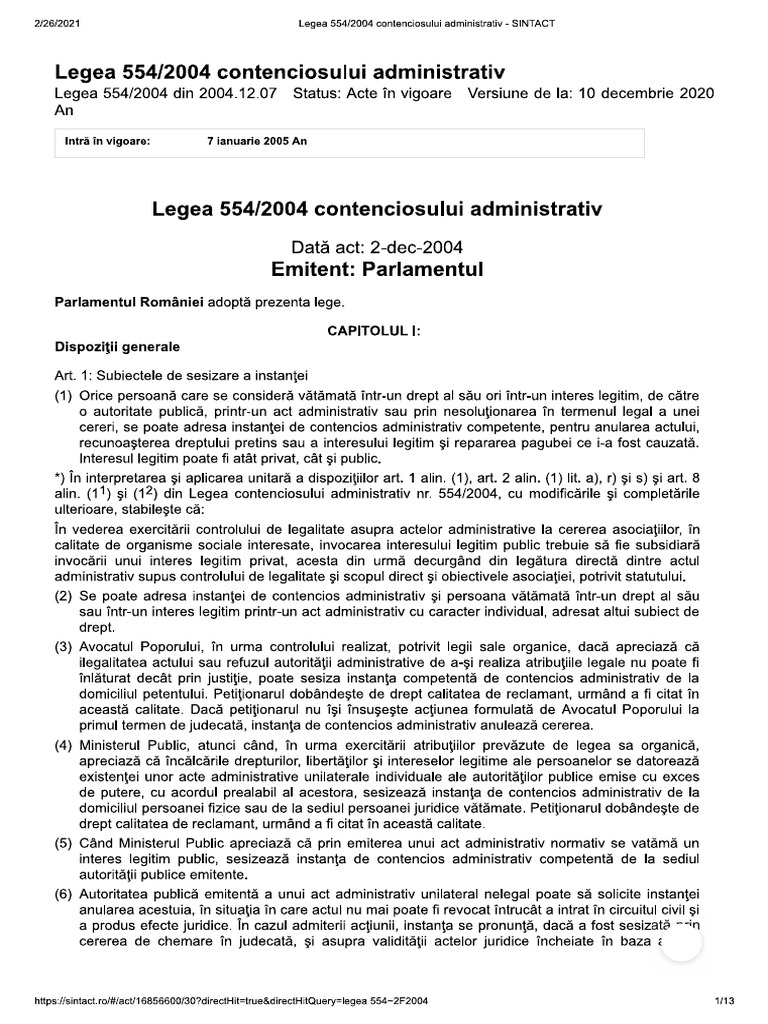 Legea 554 - 2004 (Contencios Administrativ) | PDF