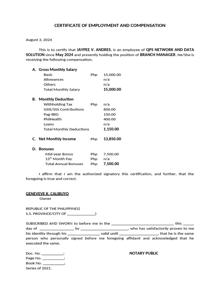 Certificate of Employment and Compensation Jaypee Andres | PDF
