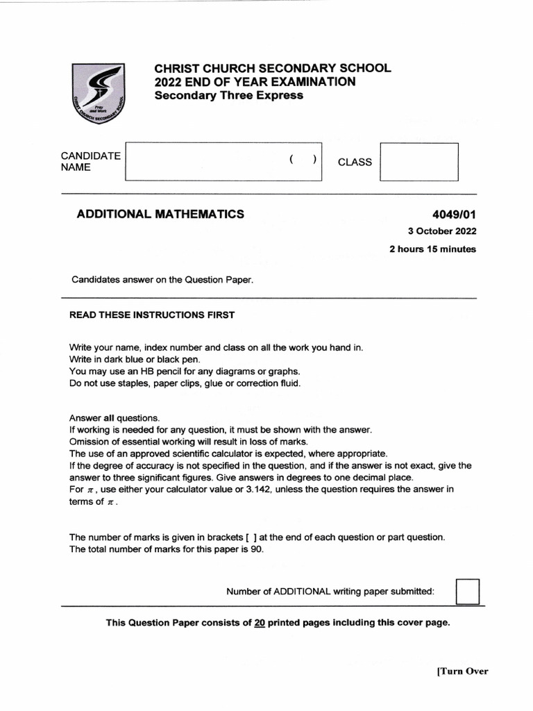 A-Math - Sec 3 - SA 2 - 2022 - Christ Church Sec - Short An | PDF ...