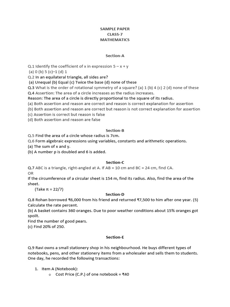 Class 7 Mathematics Sample Paper | PDF | Area | Circle