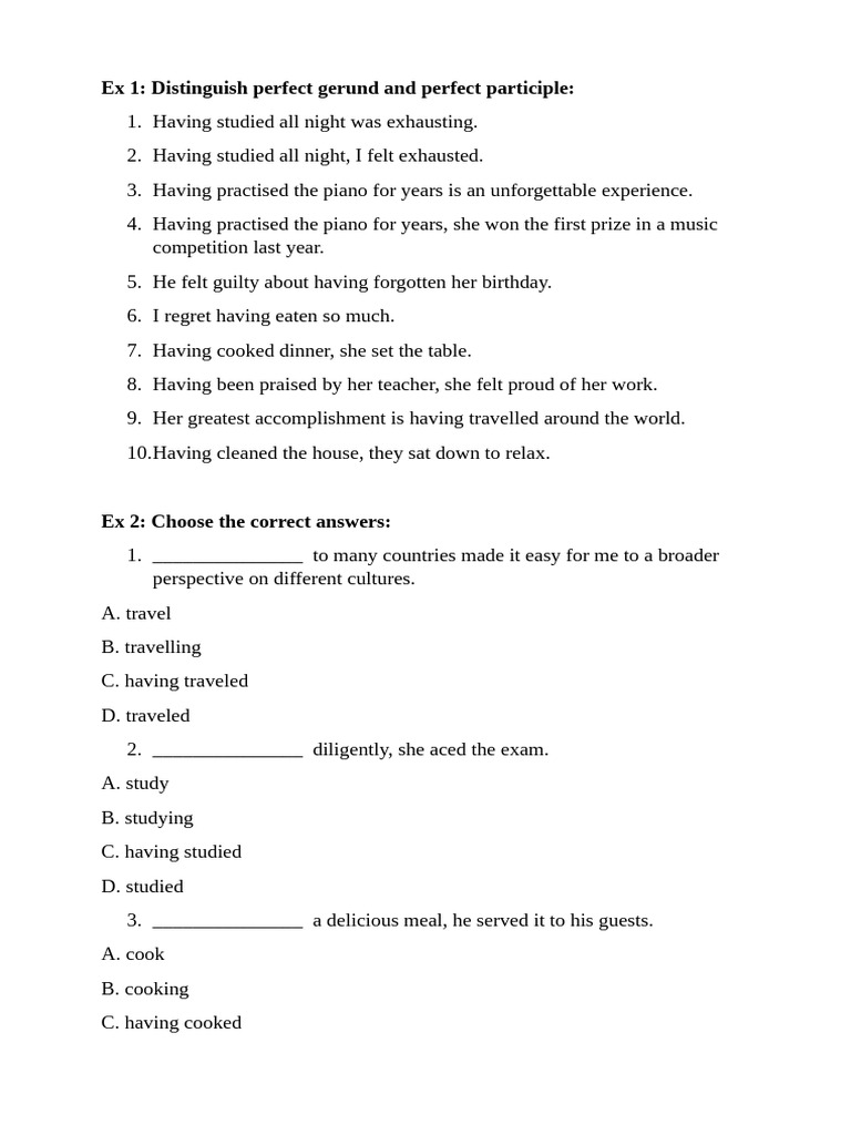 Perfect Gerunds and Participles Exercises | PDF