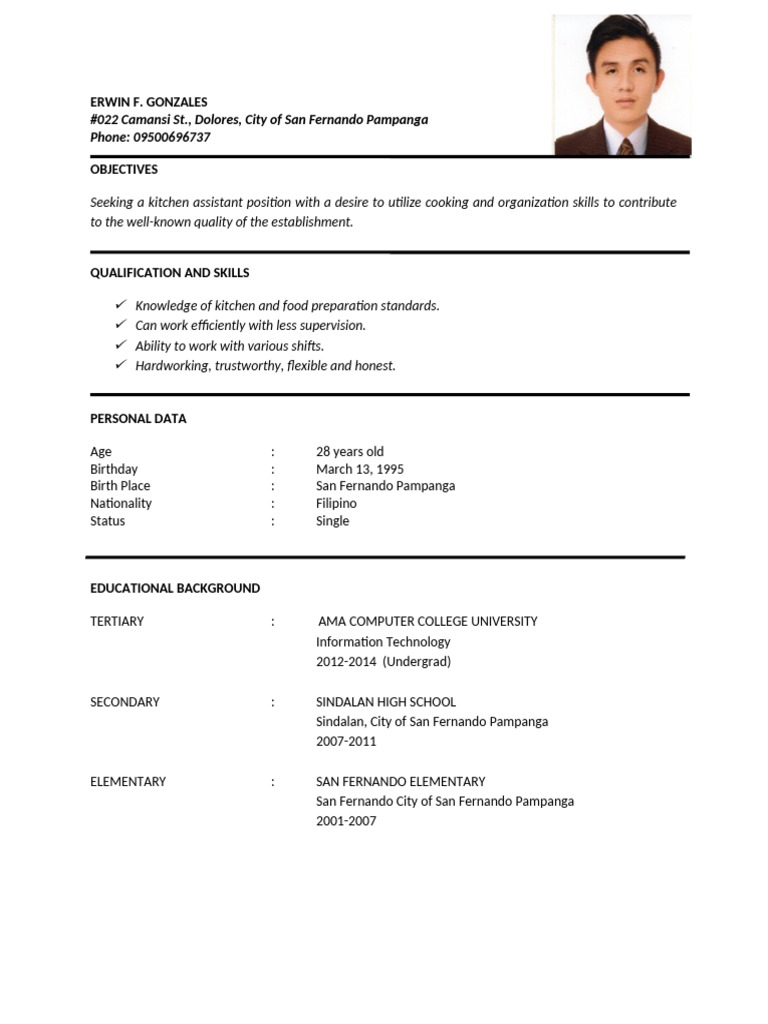 Erwin Gonzales New Resume | PDF | Food And Drink Preparation | Cooking