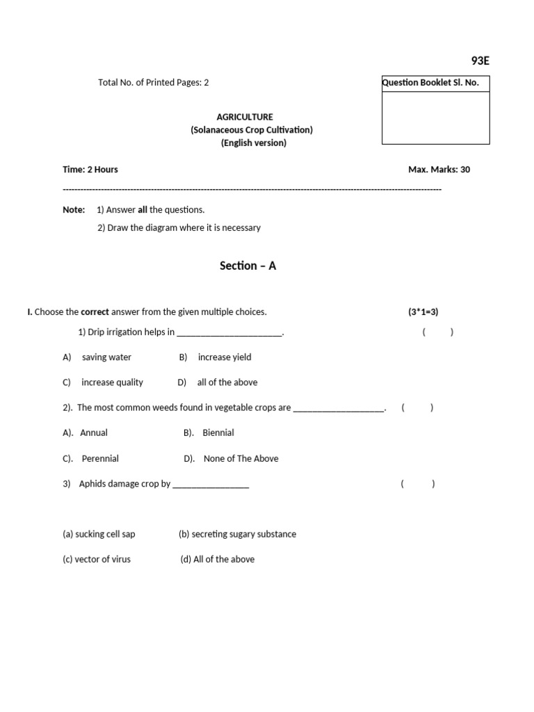 Agriculture Level-2 Pre Final Model Paper | PDF | Vegetables | Irrigation