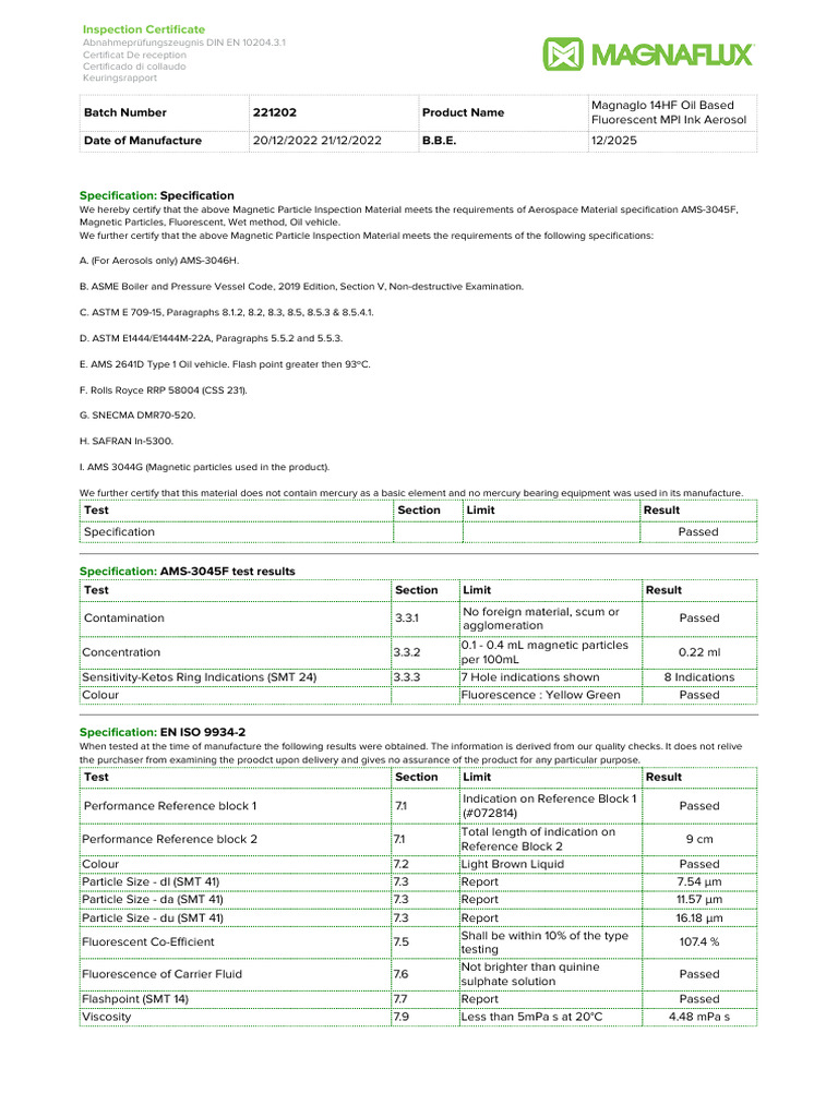 Magnaglo 14HF Oil Based Fluorescent MPI Ink Aerosol | PDF | Physical ...