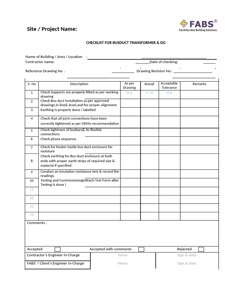 10.00_ Checklist_ Bus duct Transformer & DG | PDF