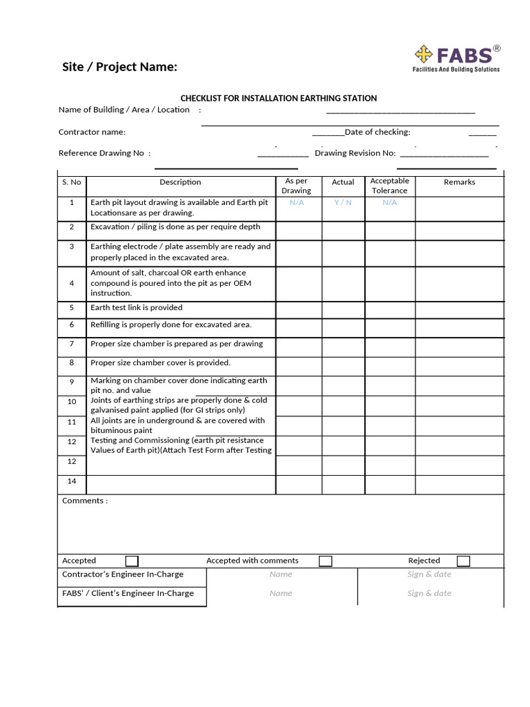 11.00_ Checklist_ Earthing Station | PDF