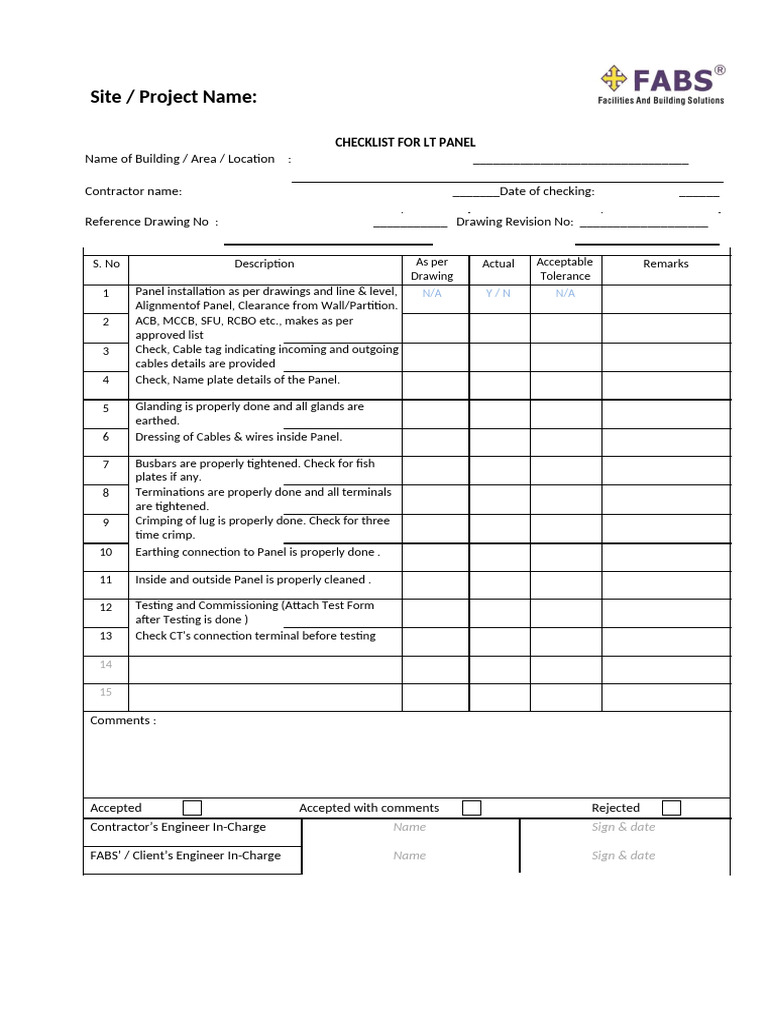 LT Panel Installation Checklist | PDF