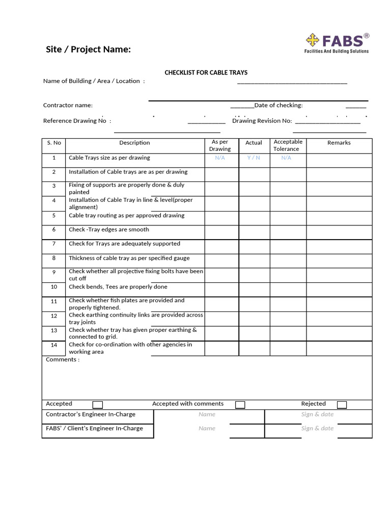 14.00 - Checklist - Cable Trays | PDF