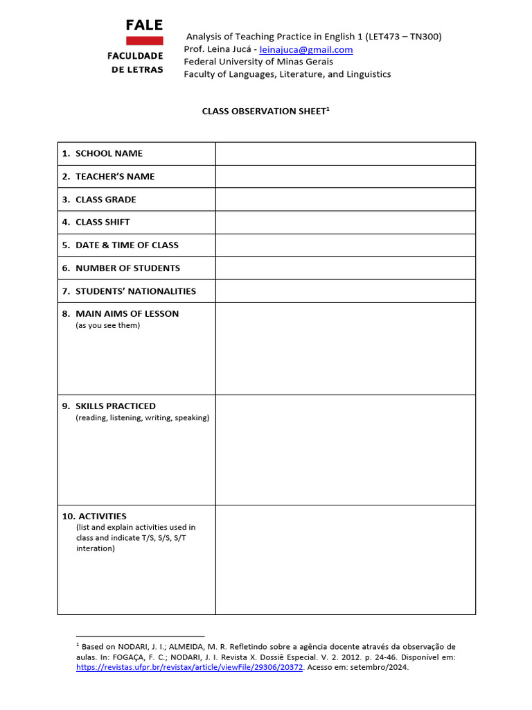 Class Observation Sheet | PDF | Teachers | Cognition