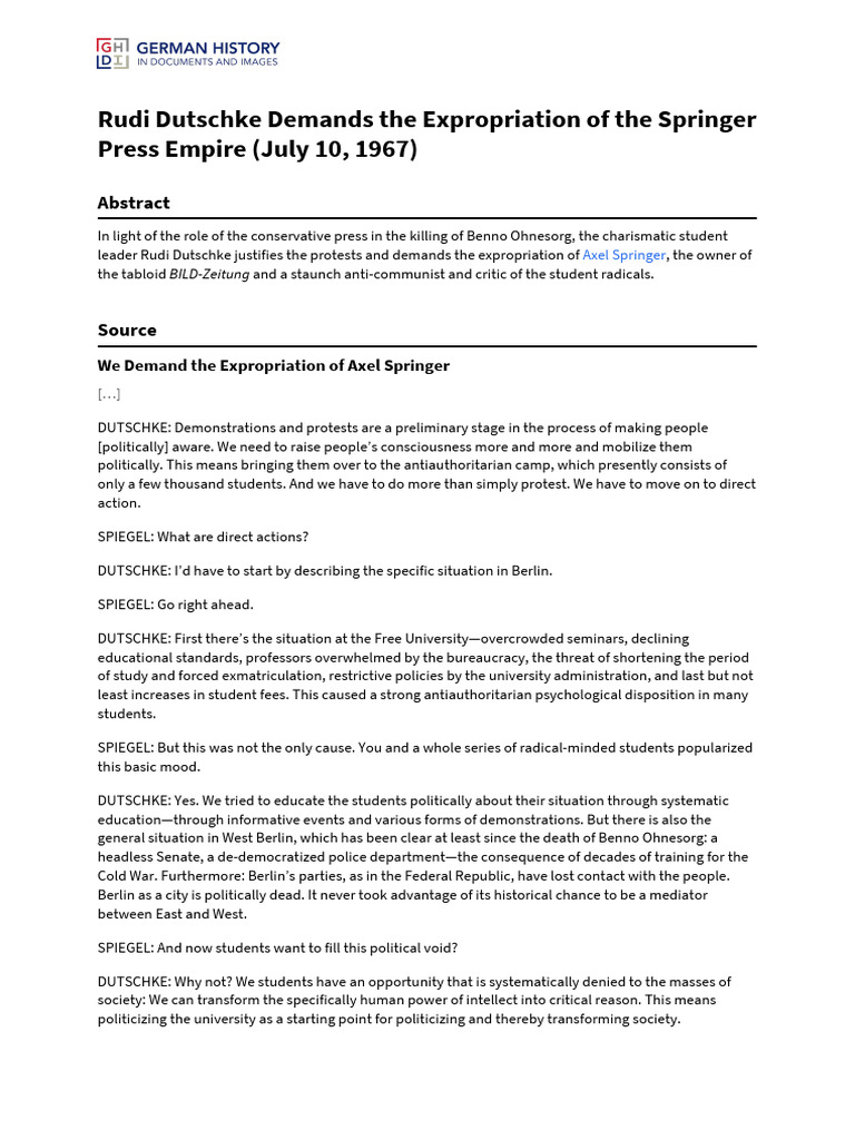 Dutschke on Expropriating Springer Press | PDF
