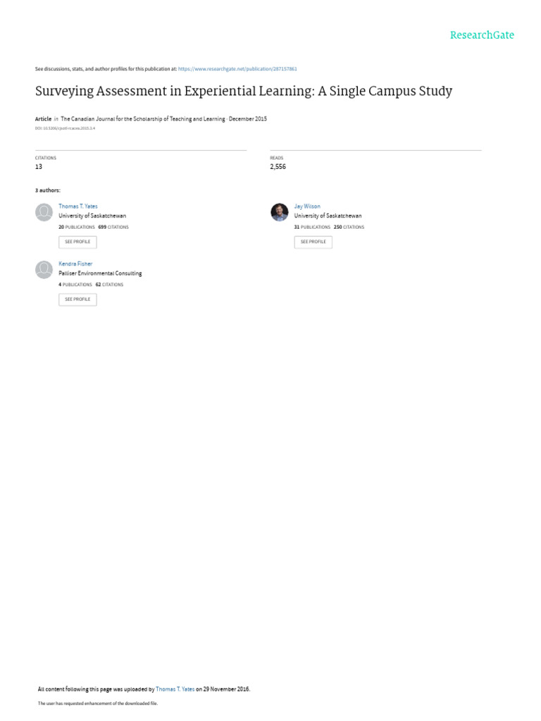 Surveying Assessment in Experiential Learning a Si | PDF | Educational ...