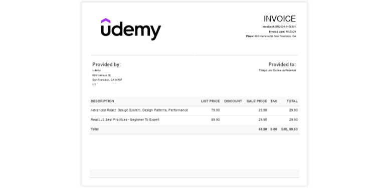 Invoice Udemy Thiago Rezende 23-10 | PDF