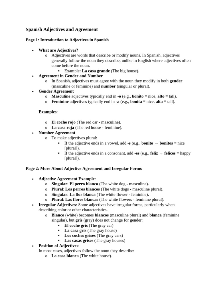 Spanish Adjectives and Agreement | PDF | Grammatical Gender | Plural