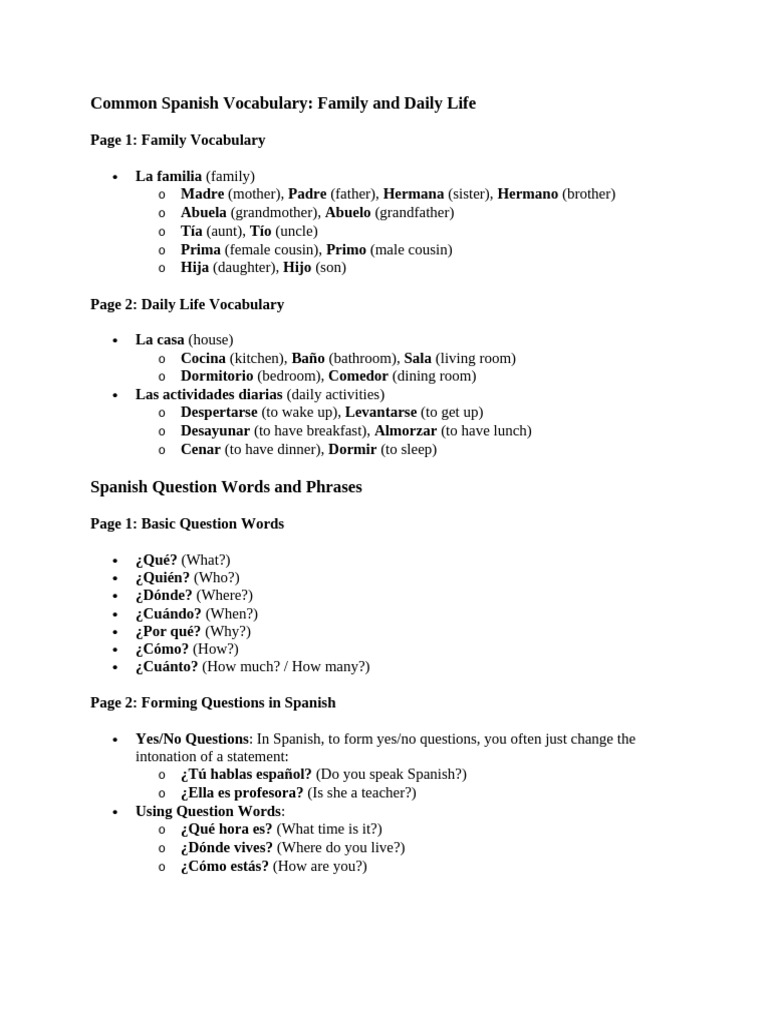 Essential Spanish Vocabulary Guide | PDF