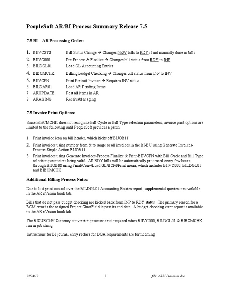 Peoplesoft Ar/Bi Process Summary Release 7.5 | PDF | Invoice | Software