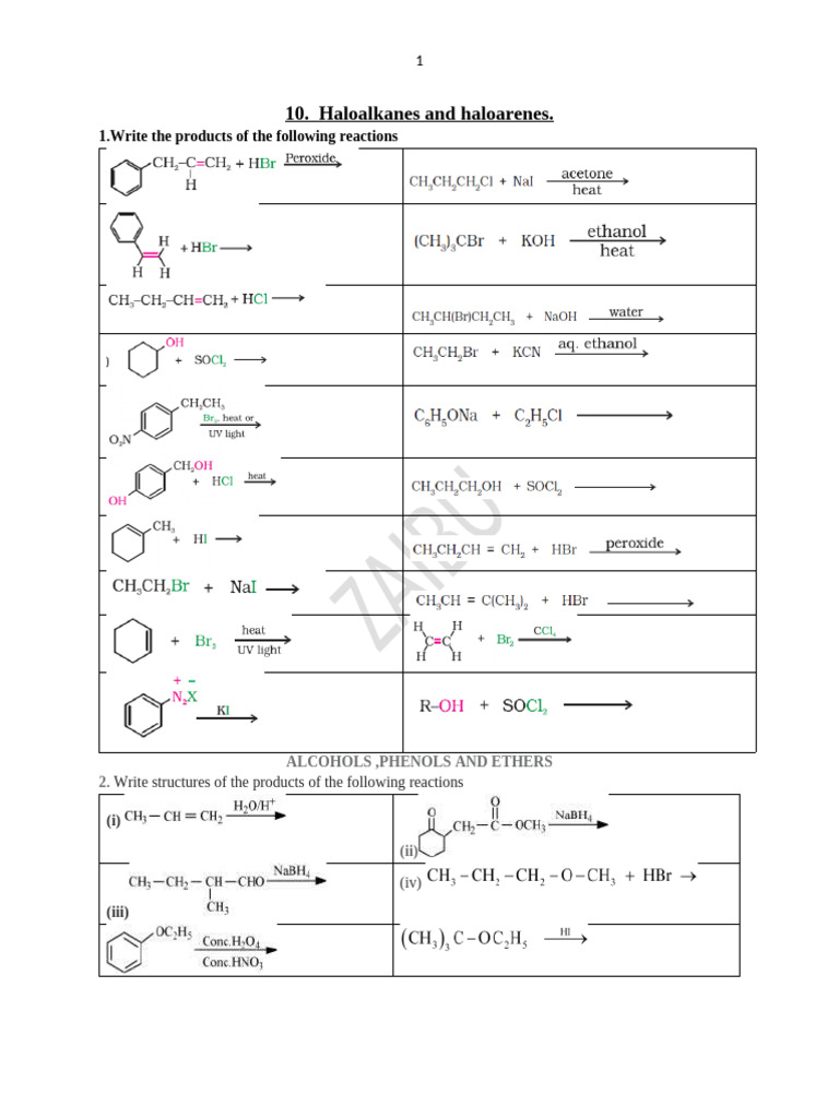 Organic Chemistry - Complete The Reaction Work Sheet For Exam | PDF ...