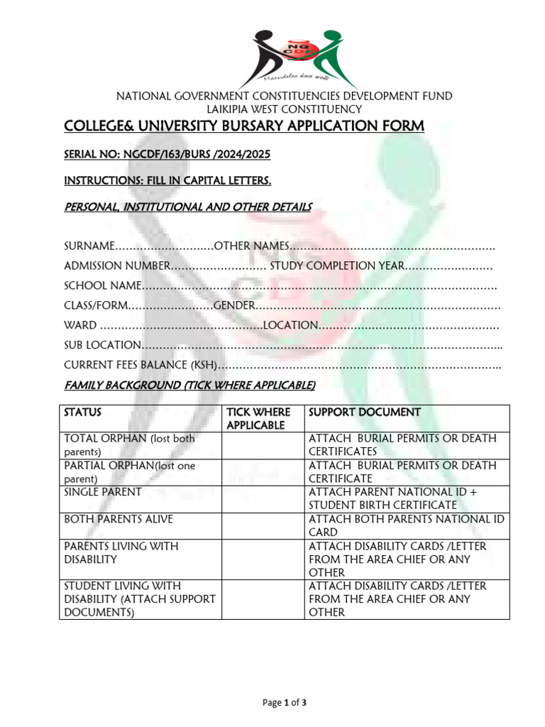 2024-2025 NGCDF LAIKIPIA WEST COLLEGE & UNIVERSITY BURSARY FORM | PDF | Government And Personhood