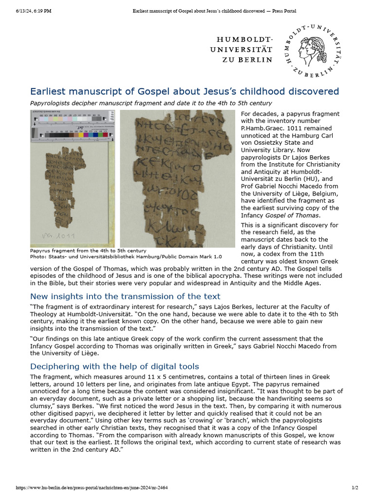 Earliest Manuscript of Gospel About Jesus's Childhood Discovered ...