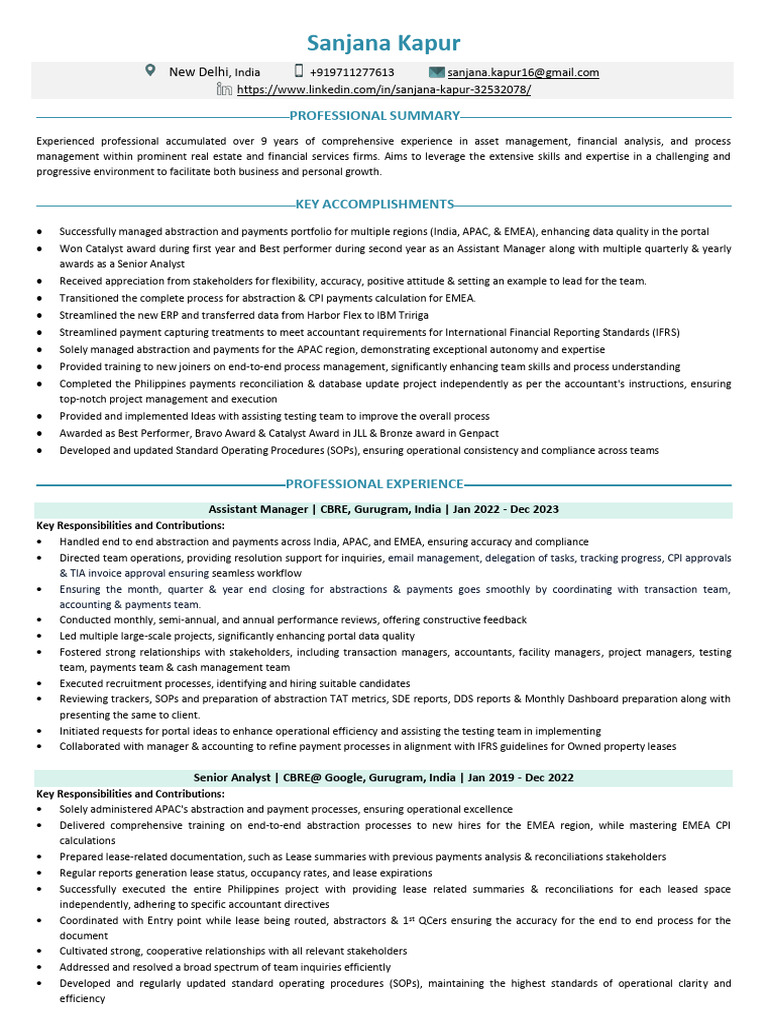 Sanjana Kapur_Asssitant Manager_Operations and Accounting_CV | PDF | Accounts Payable | Business