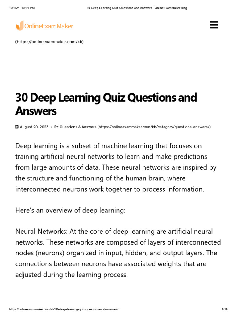 30 Deep Learning Quiz Questions and Answers OnlineExamMaker Blog | PDF | Deep Learning | Machine ...