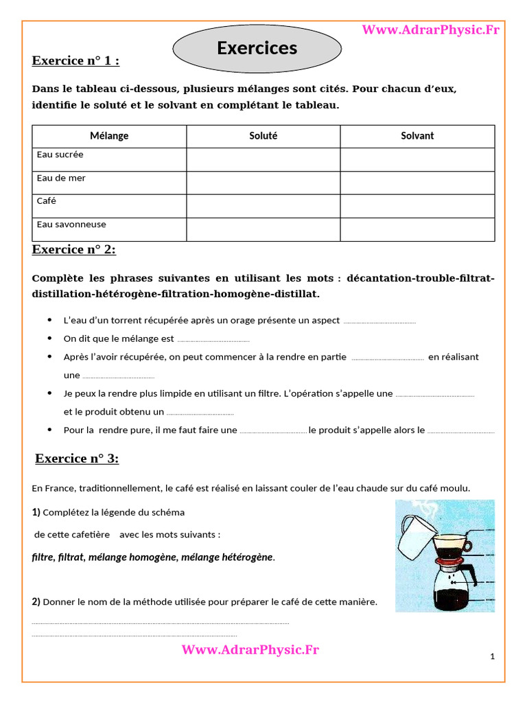Série 2 - Les Mélanges + Dissolution + Séparation | PDF | Café